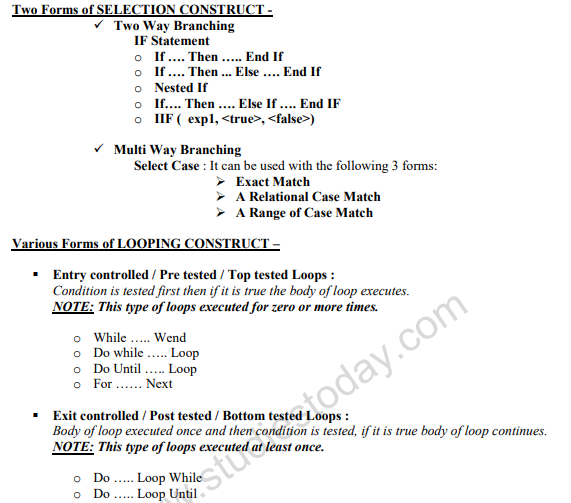 Cbse Class 12 Informatics Practices Visual Basic Control Structures Notes